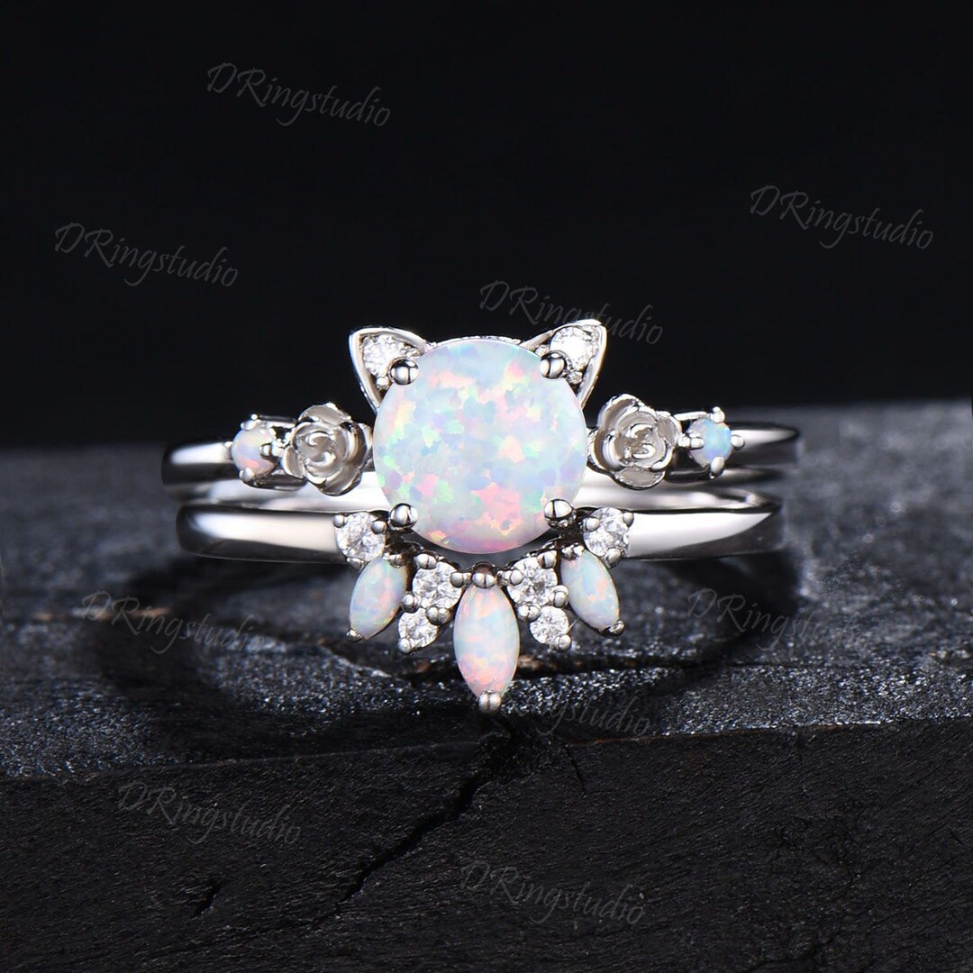 Cat Engagement Ring Rose Flower Round White Opal Ring Set Vintage Moissanite Cluster Bridal Set ...