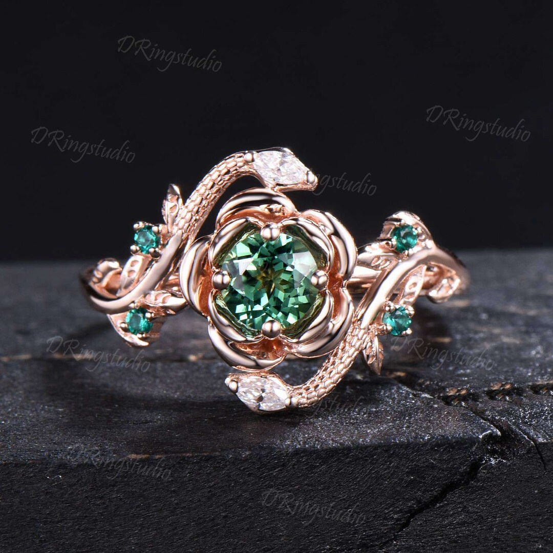 Gold Snake Engagement Ring Rose Flower Round Green Sapphire Wedding ...