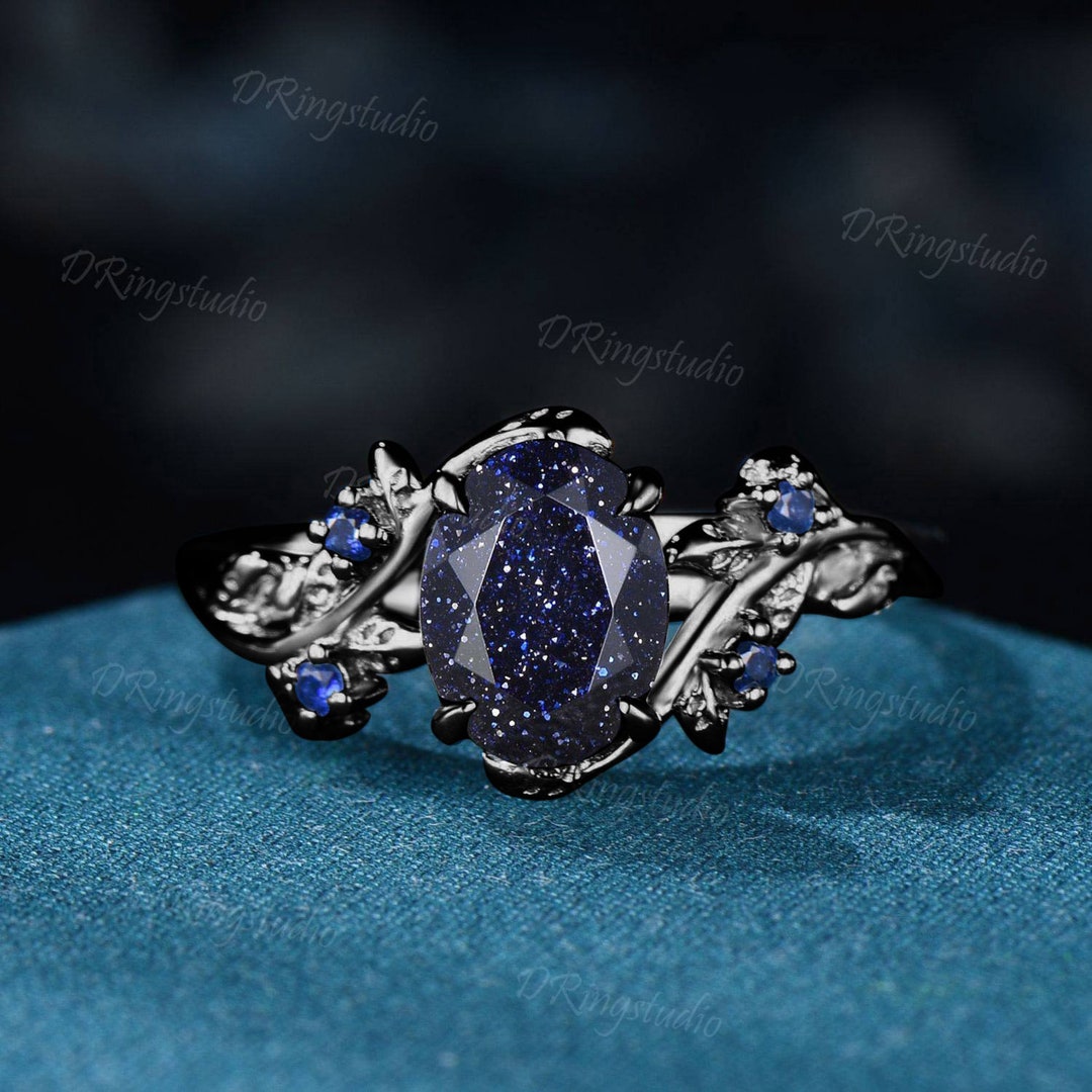 Gothic Black Gold Nebula Blue Sandstone Ring 1.5CT Oval Cut Blue ...