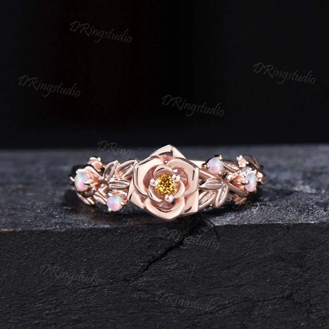 10K Rose Gold Flower Engagement Ring Floral Round Natural Citrine ...