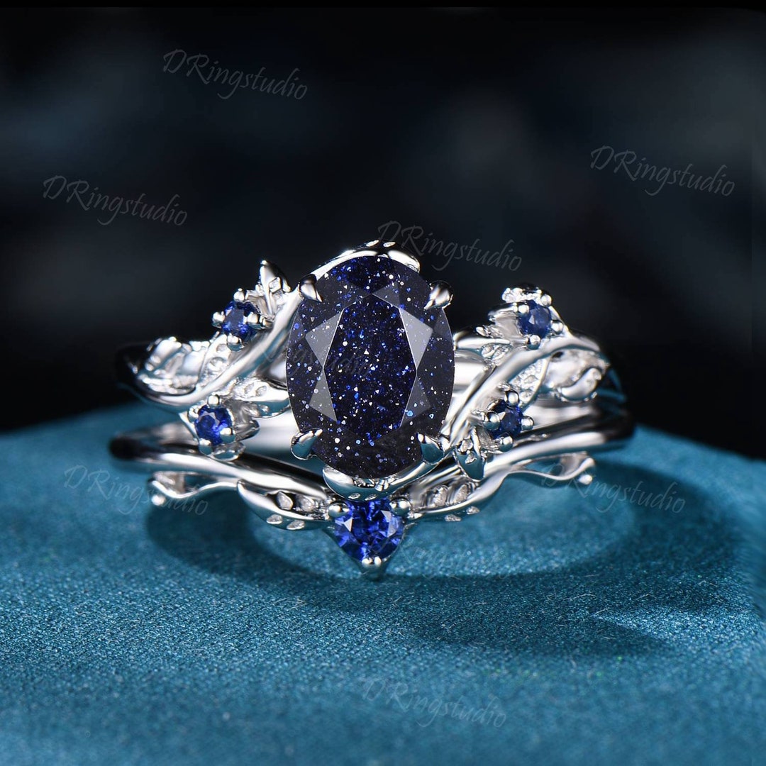 Nature Inspired Blue Sandstone Engagement Rings Set Twig Leaf Wedding ...