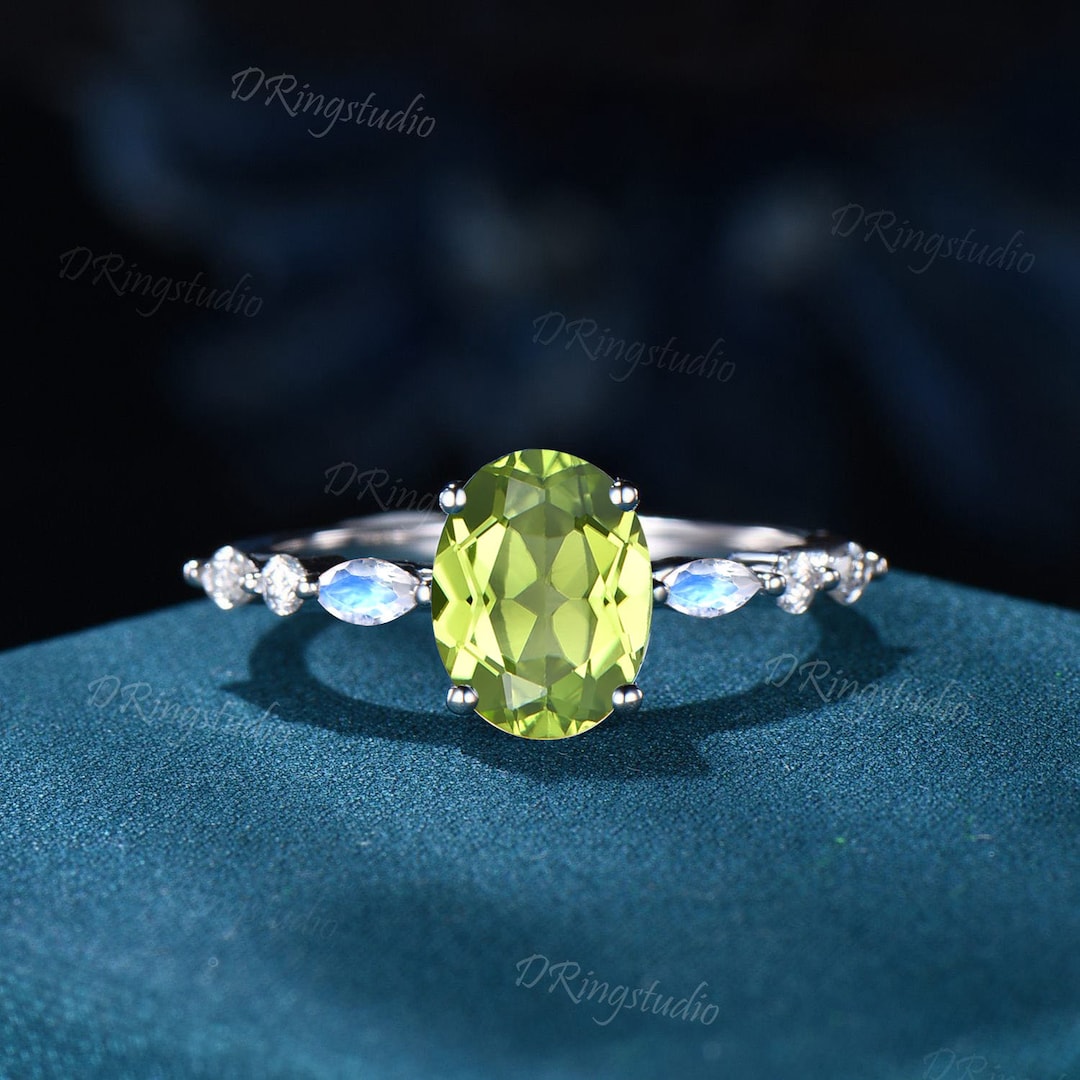 Natural Peridot Moonstone Ring August Birthstone Moissanite Engagement ...