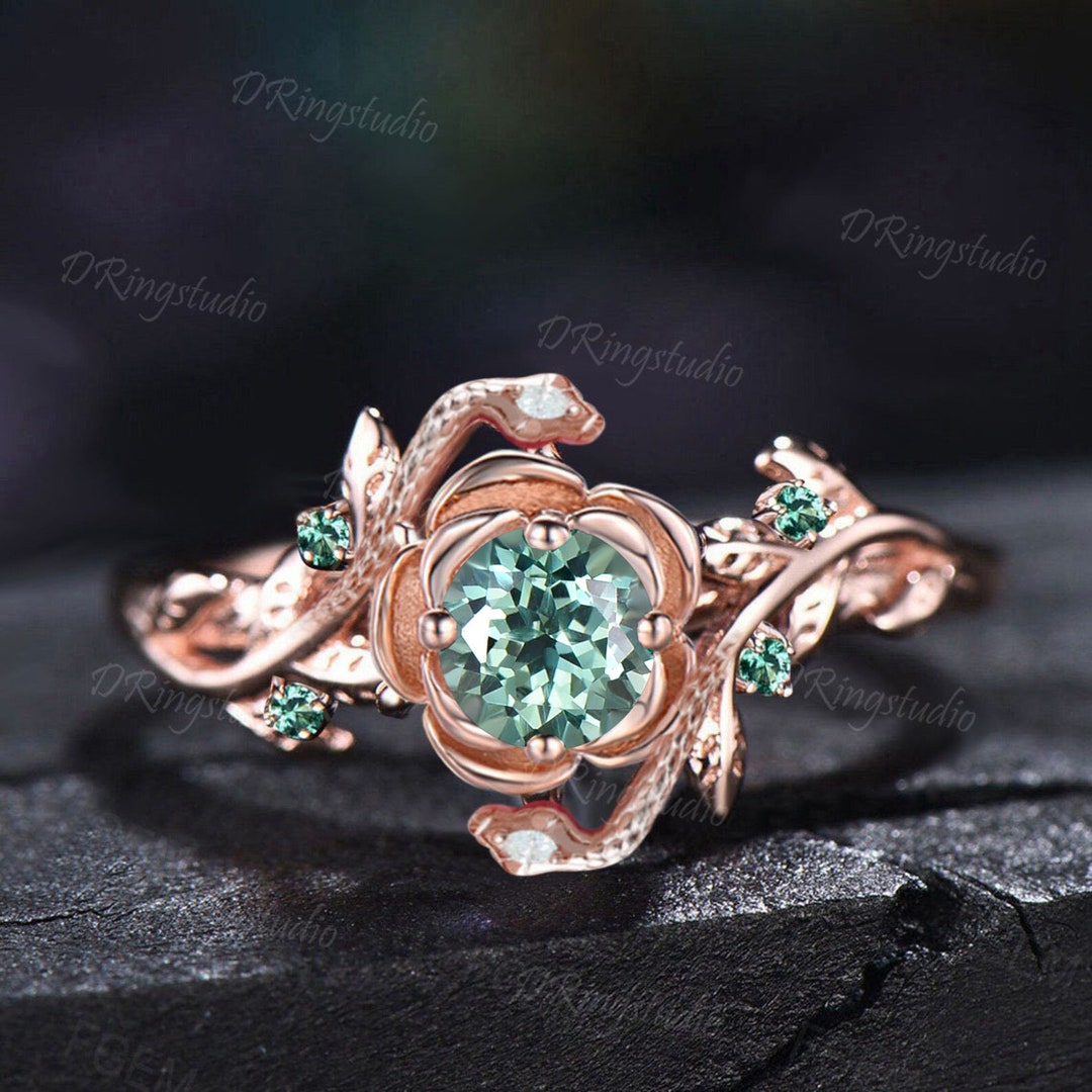 Gold Snake Engagement Ring Rose Flower Round Green Sapphire Wedding ...