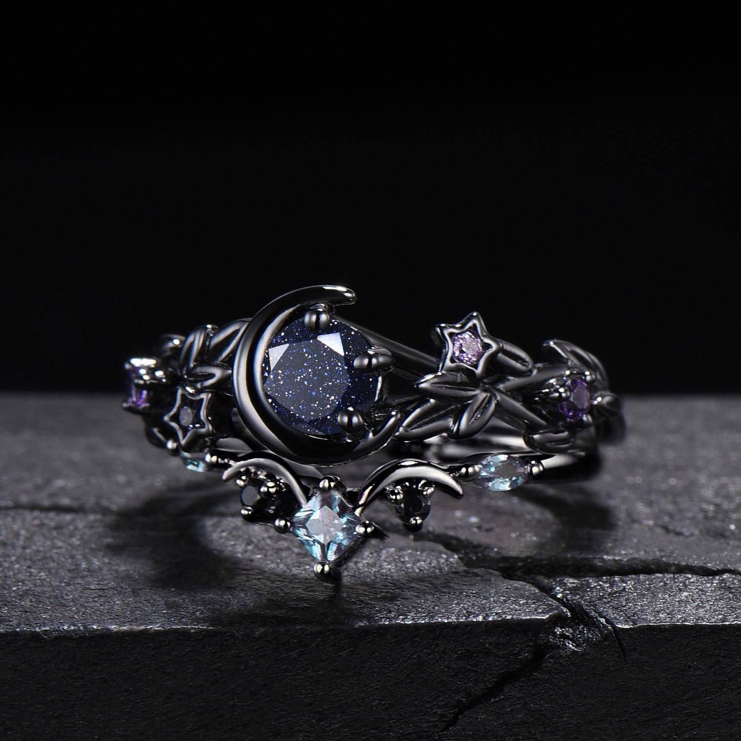 Galaxy Nebula Round Blue Sandstone Engagement Ring Witchy Moon Star ...