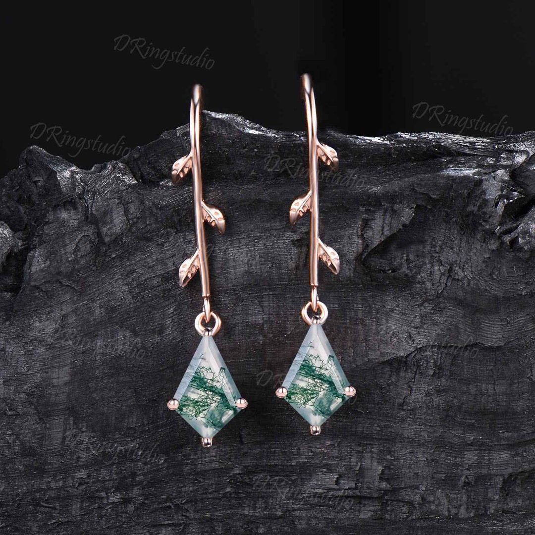 Nature Inspired Moss Agate Drop Earrings Gold Leaf Earrings 1ct Kite ...