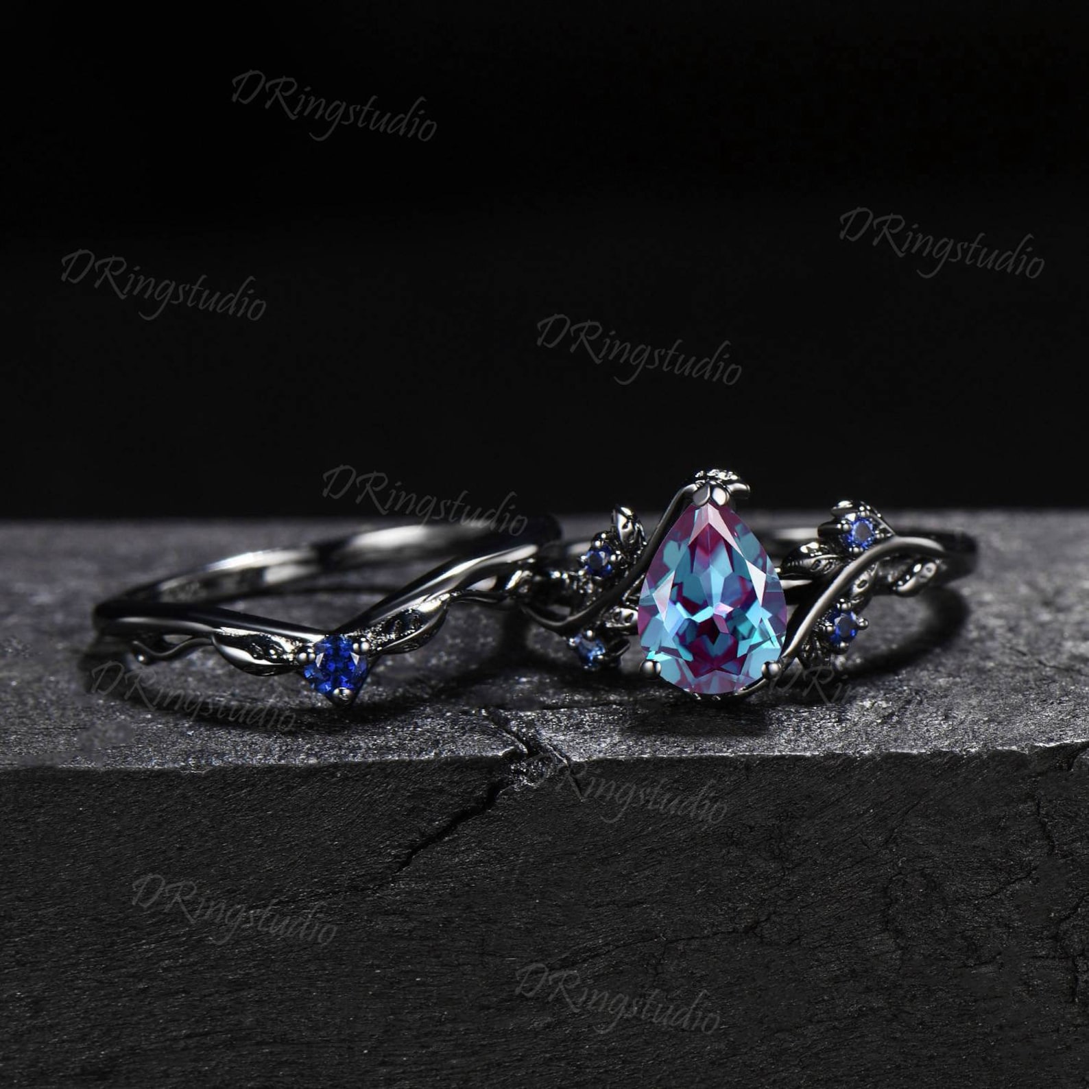 Black Gold Teardrop Alexandrite Engagement Ring Set Black Twig Leaf ...