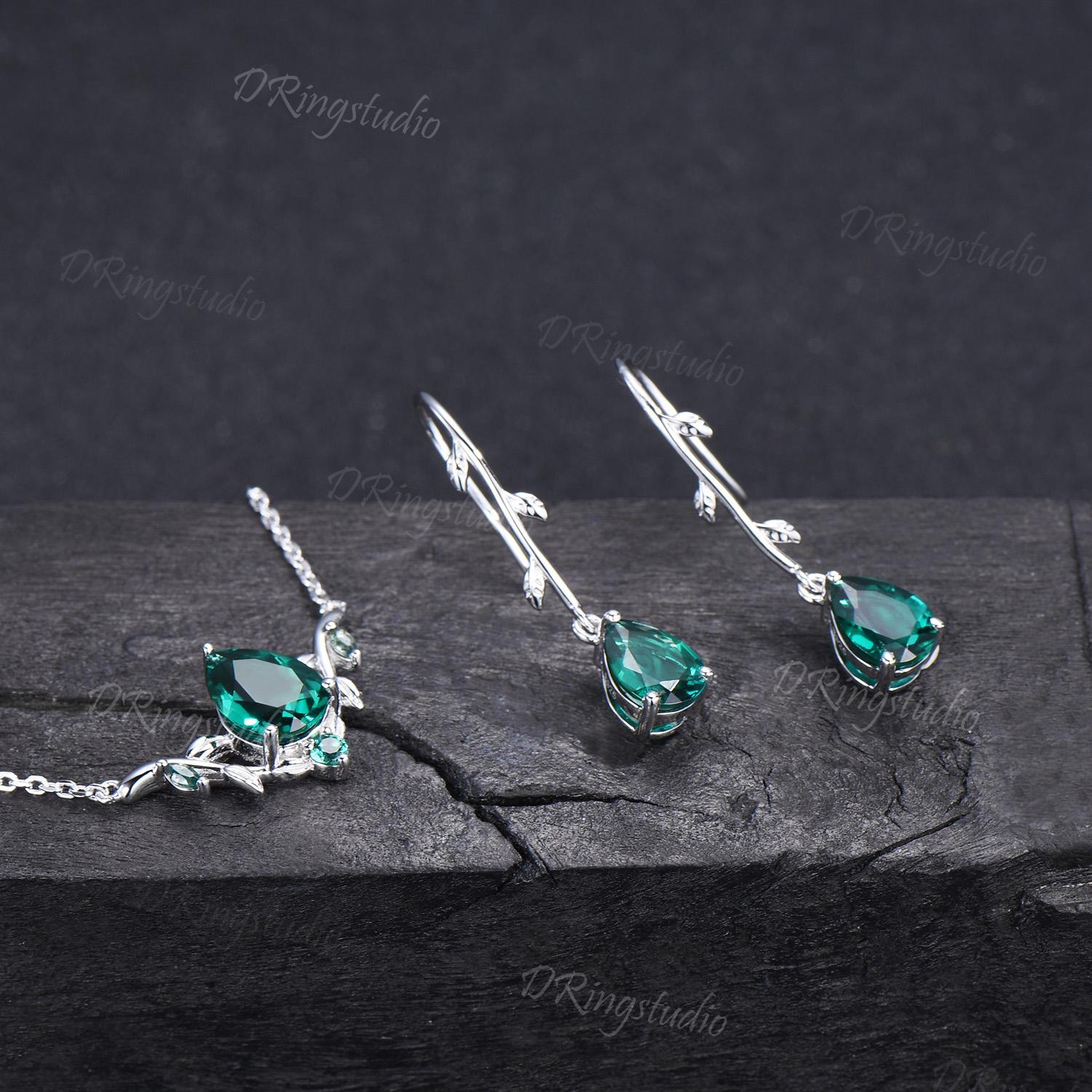 Green Emerald Necklace Earrings Jewelry Set Nature Inspired Teardrop ...