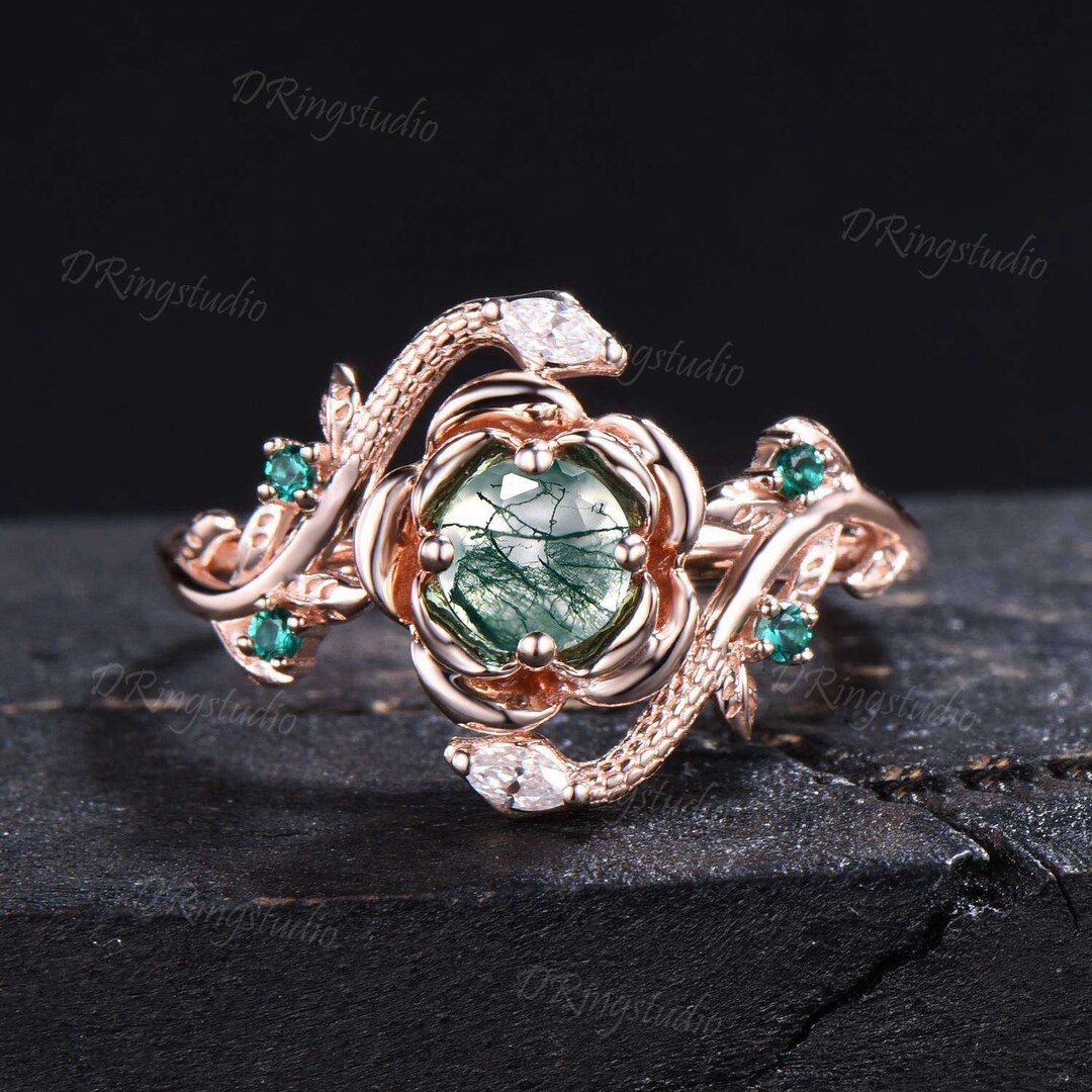 Double Snake Ring Rose Gold Natural Green Moss Agate Wedding Ring ...