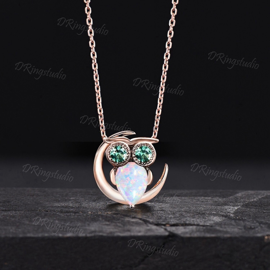 Opal and Emerald Owl Chain Necklace 14K Rose Gold Pear White Opal Charm ...