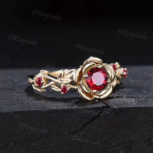 5mm Round Ruby Engagement Ring 14K Yellow Gold Twig Leaf Rose Flower Red Ruby Engagement Rings ...