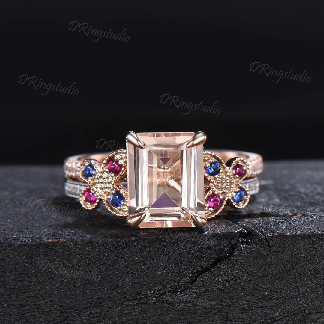 Vintage 2ct Morganite Engagement Ring Set Emerald Cut Morganite ...
