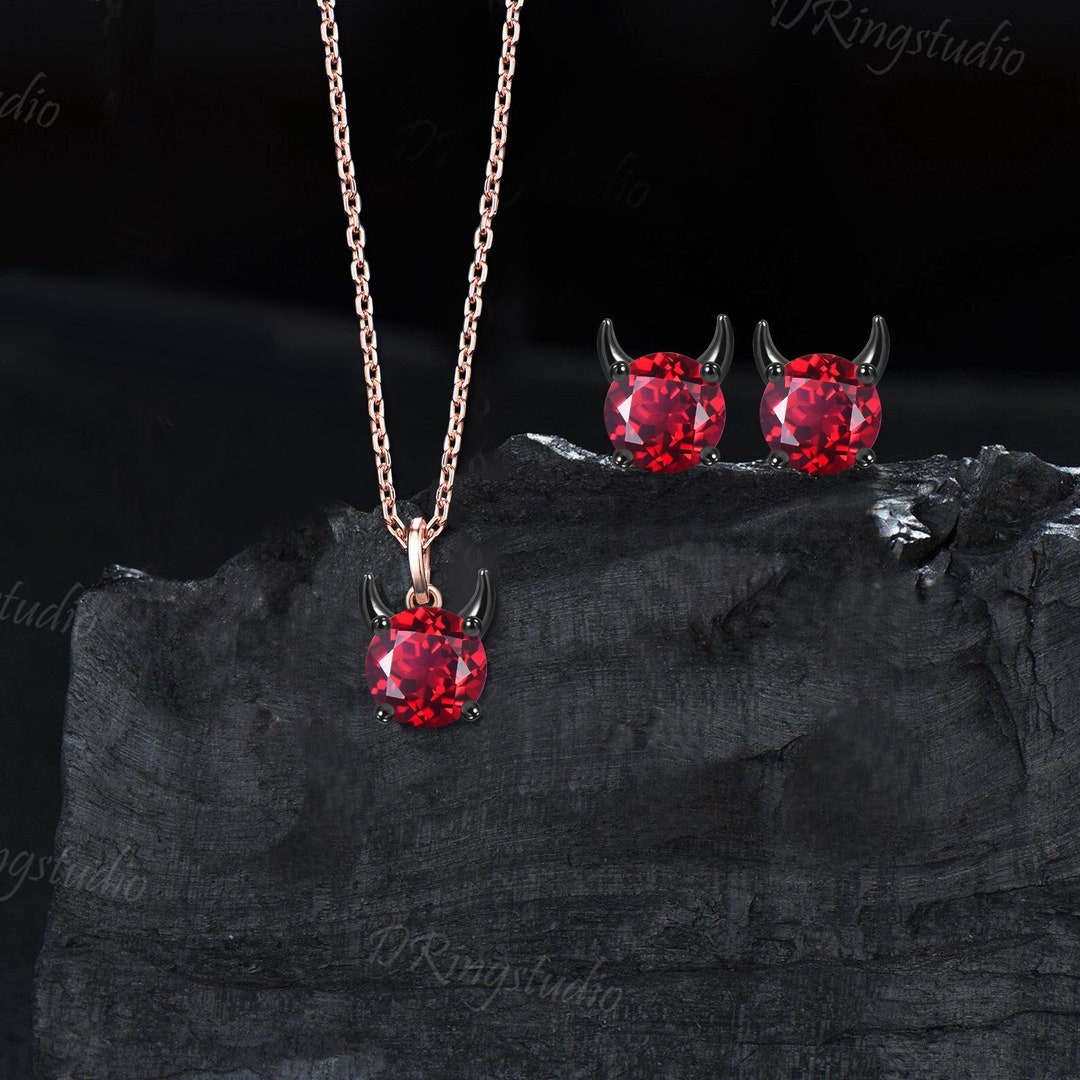 Black Devil Necklace Earrings Jewelry Set 7mm Round Ruby Earrings ...