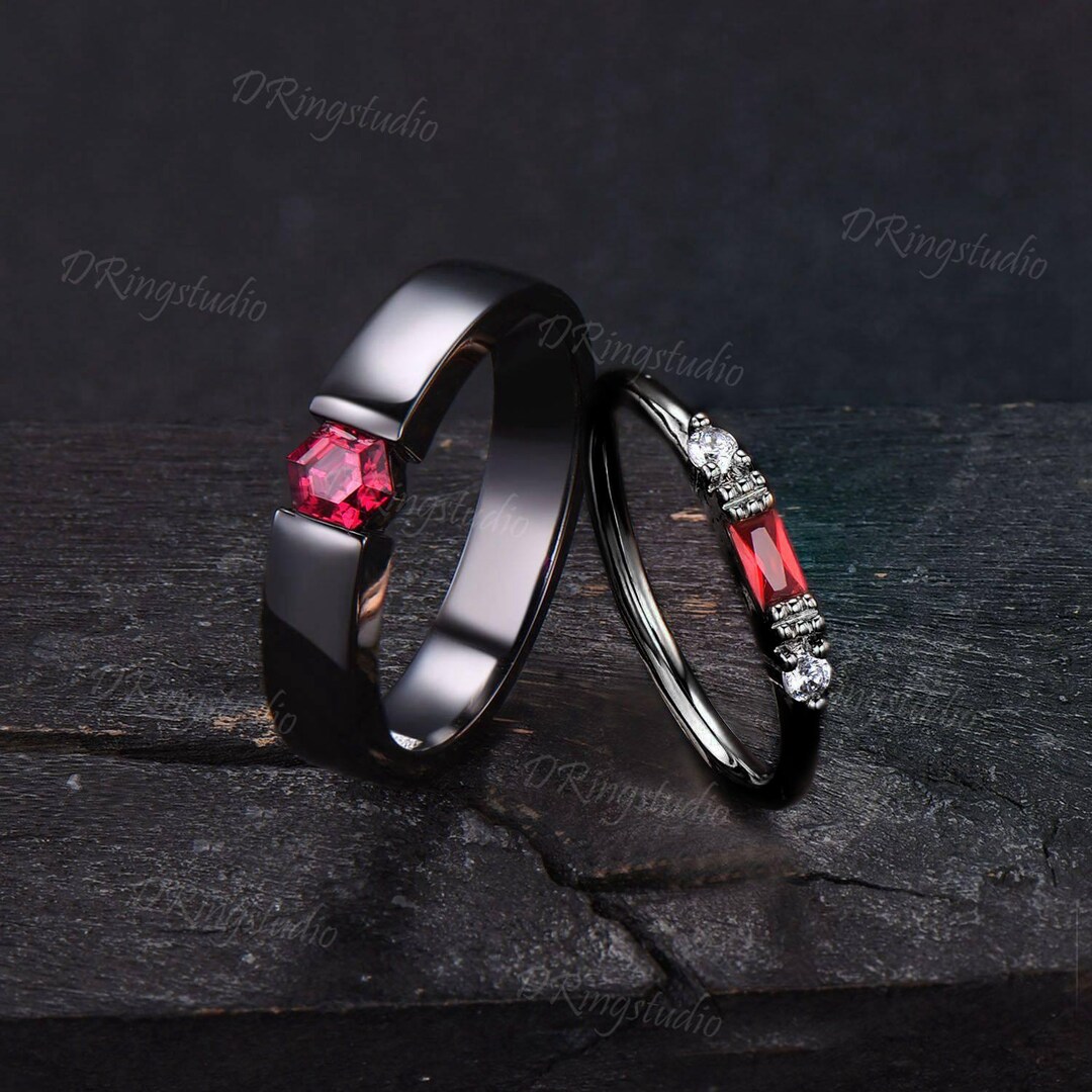 Gothic Black Couple Rings Set Black Gold Plated Red Ruby His and Hers ...