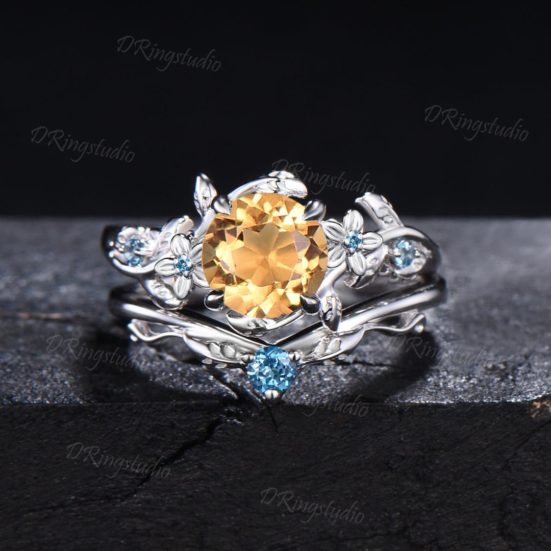 1ct Round Nature Inspired Flower Natural Citrine Wedding Ring Sterling ...