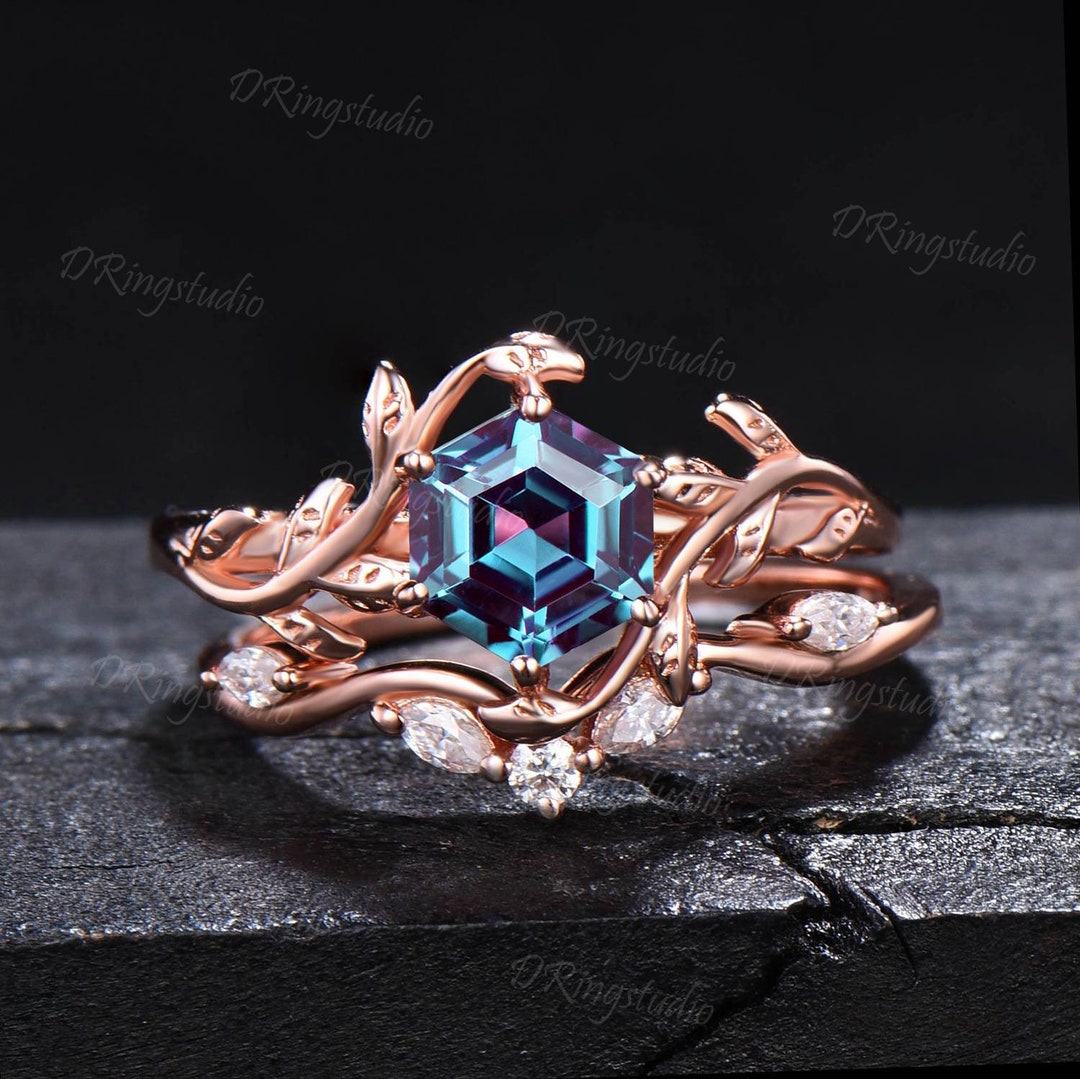 Nature Inspired Alexandrite Ring Set 1ct Hexagon Cut Color-change ...