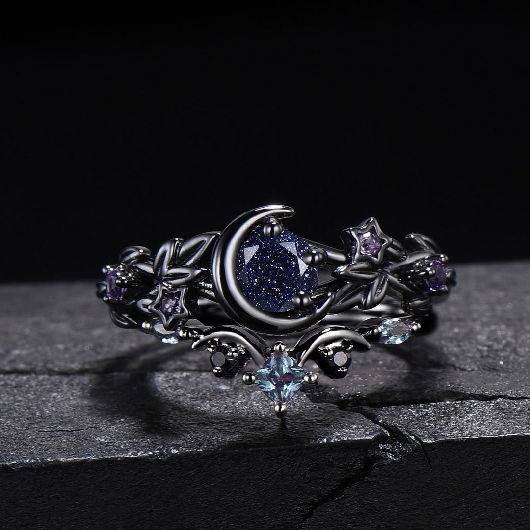 Galaxy Nebula Round Blue Sandstone Engagement Ring Witchy Moon Star ...