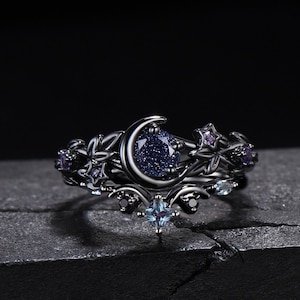 Galaxy Nebula Round Blue Sandstone Engagement Ring Witchy Moon Star ...