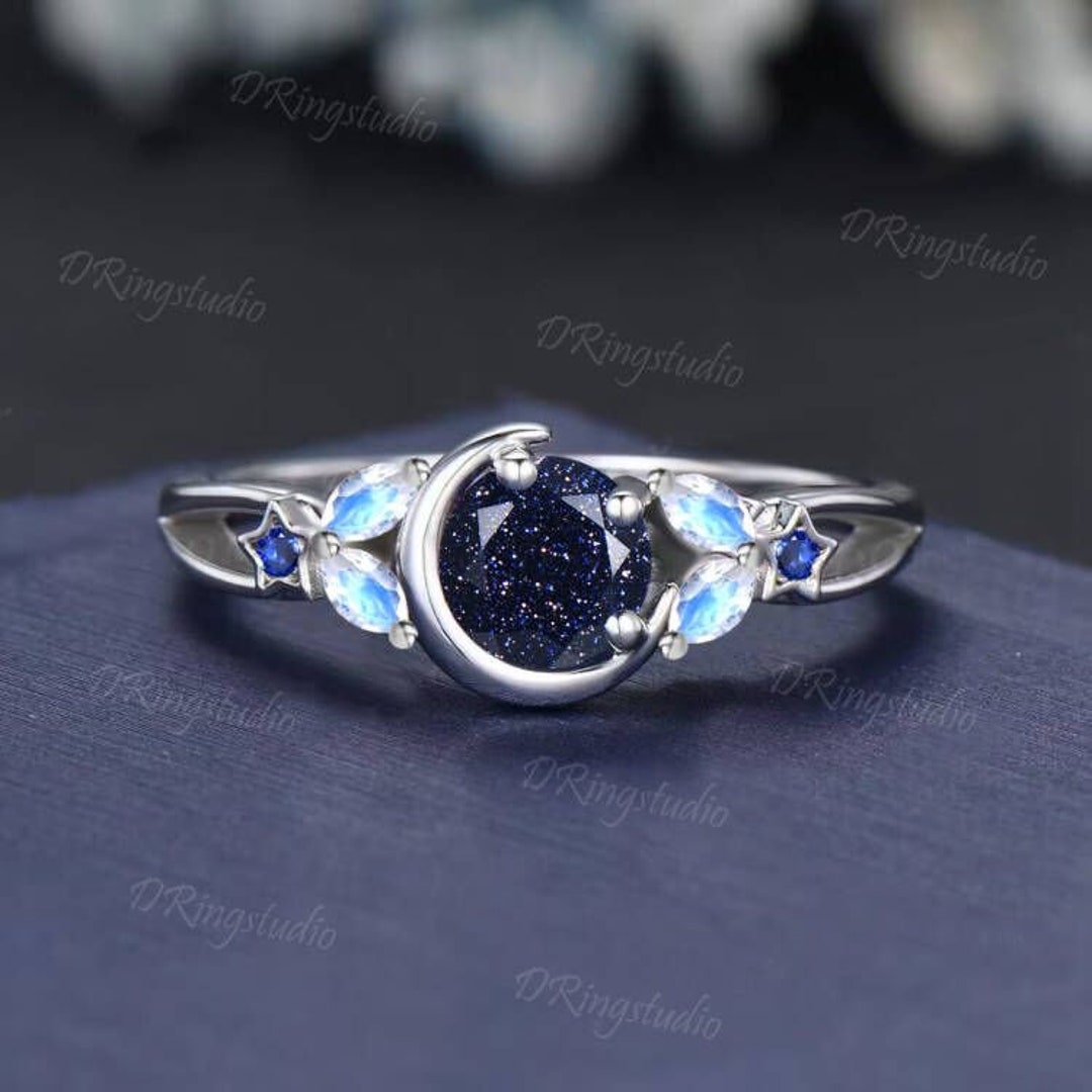 Moon Star Galaxy Blue Sandstone Ring Vintage Sapphire Moonstone Cluster ...