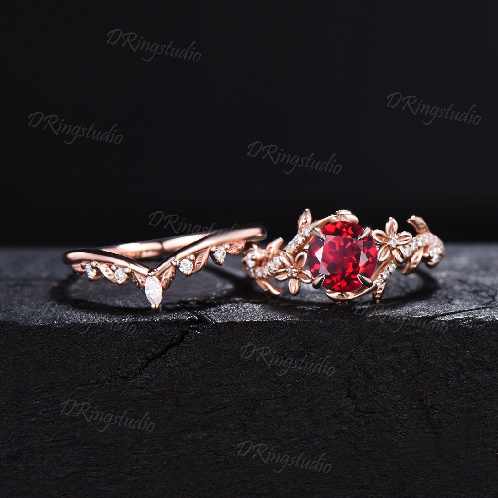 Vintage Flower Round Red Ruby Ring Set Nature Inspired Twig Leaf Ruby ...