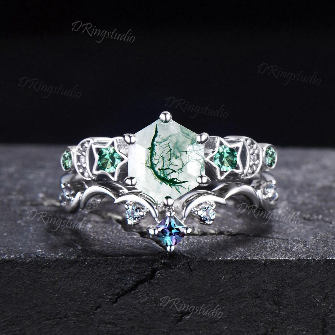 Celestial Moon Natural Moss Agate Engagement Ring Moon Star Alexandrite ...