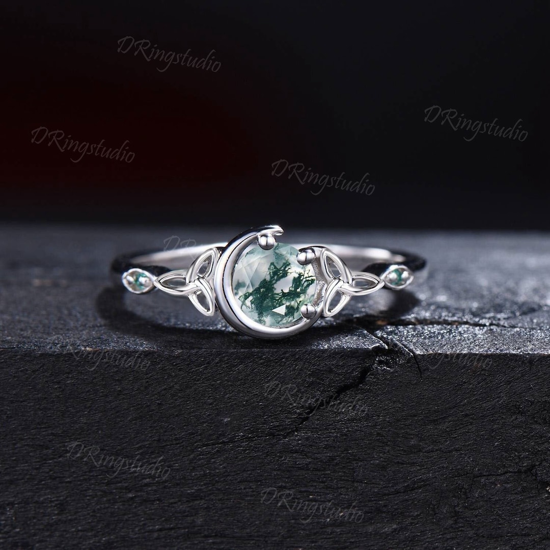 Celestial Moon Moss Agate Wedding Ring Unique White Gold Celtic Knot ...