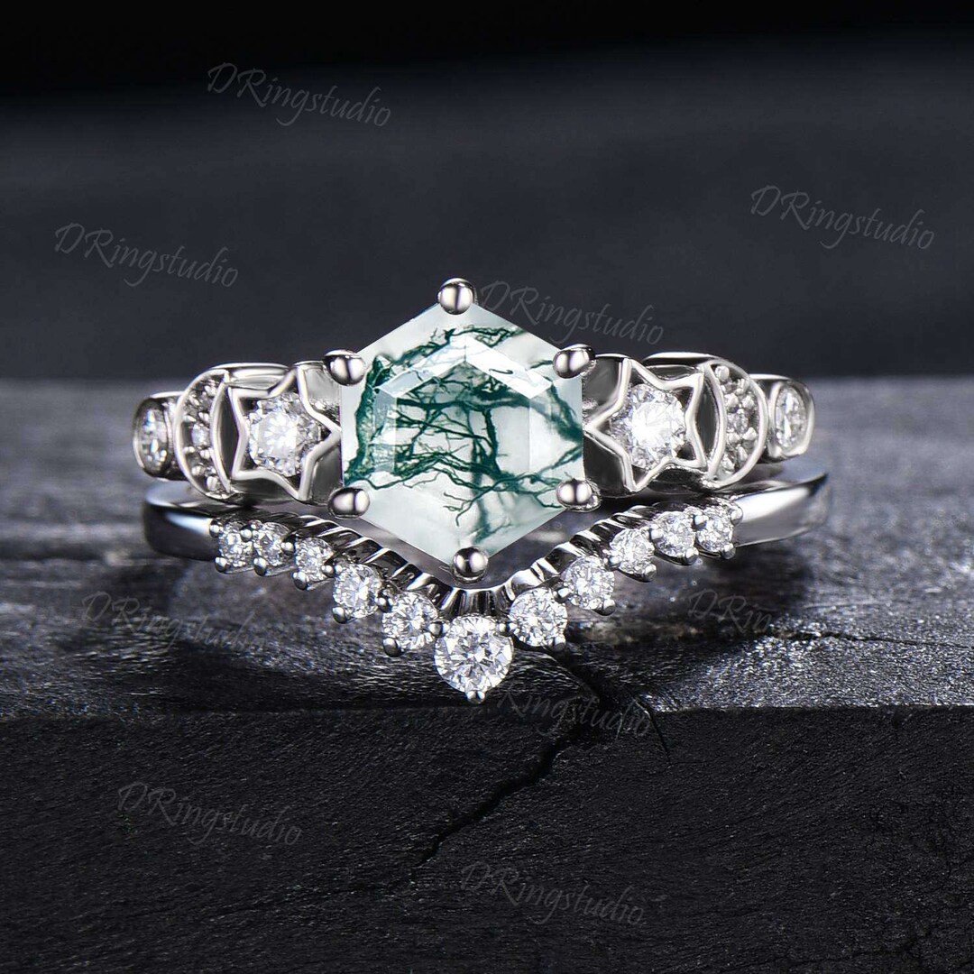 Hexagon Natural Moss Agate Engagement Ring Moon Star Aquatic Agate ...