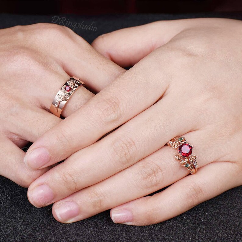 2pcs Round Red Ruby Promise Couple Rings Set 14k Rose Gold Leaf Branch ...