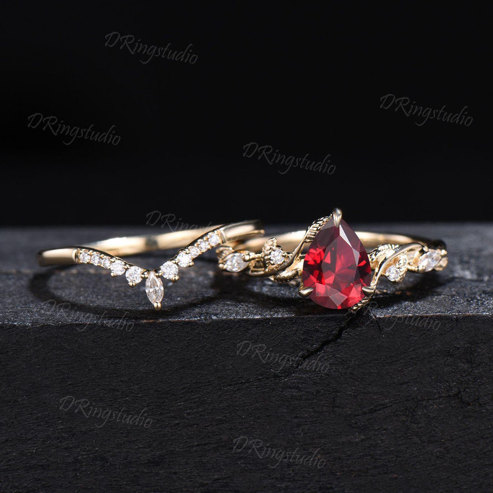 14k Gold Teardrop Garnet Engagement Ring Leaf Vine Natural Garnet ...