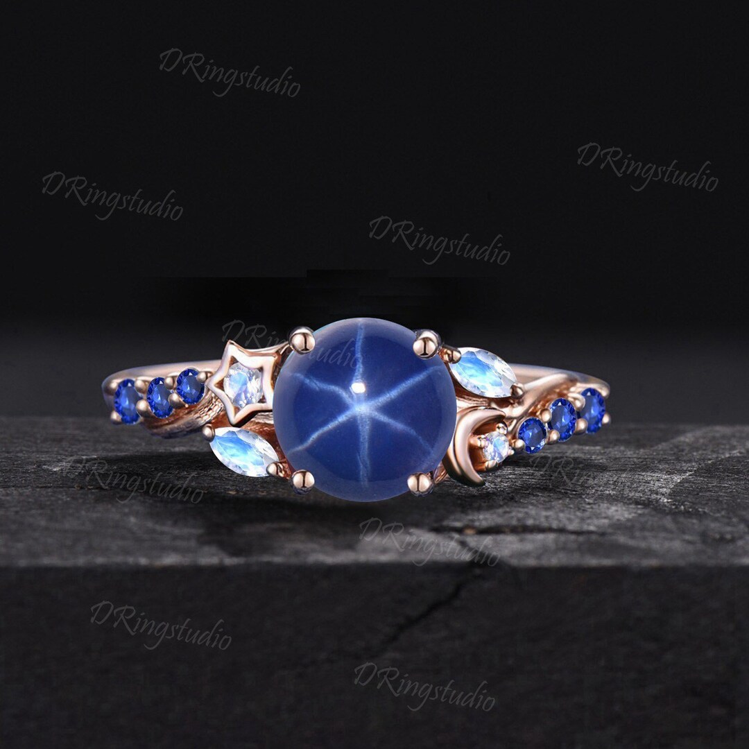 14k Rose Gold Blue Lindy Star Ring 7mm Round Star Sapphire Engagement ...
