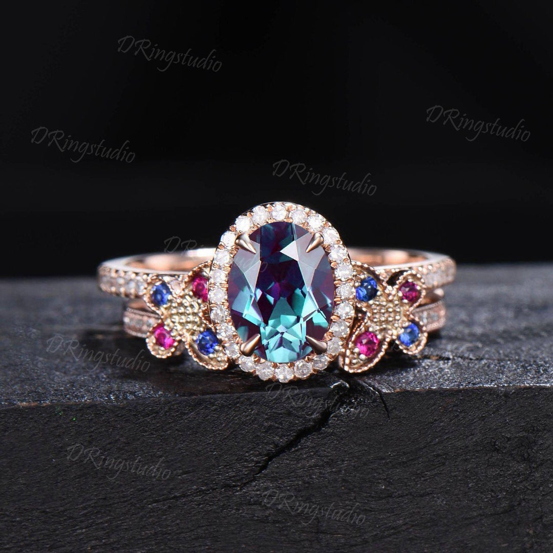 Vintage Oval Cut Alexandrite Engagement Ring Set 14K Rose Gold ...