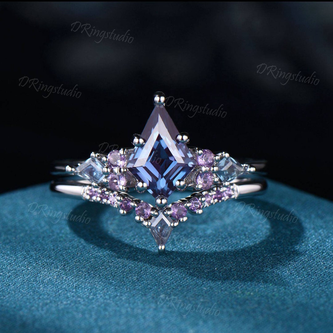 Unique June Birthstone Wedding Ring Set Vintage 10K/14K/18K White Gold ...
