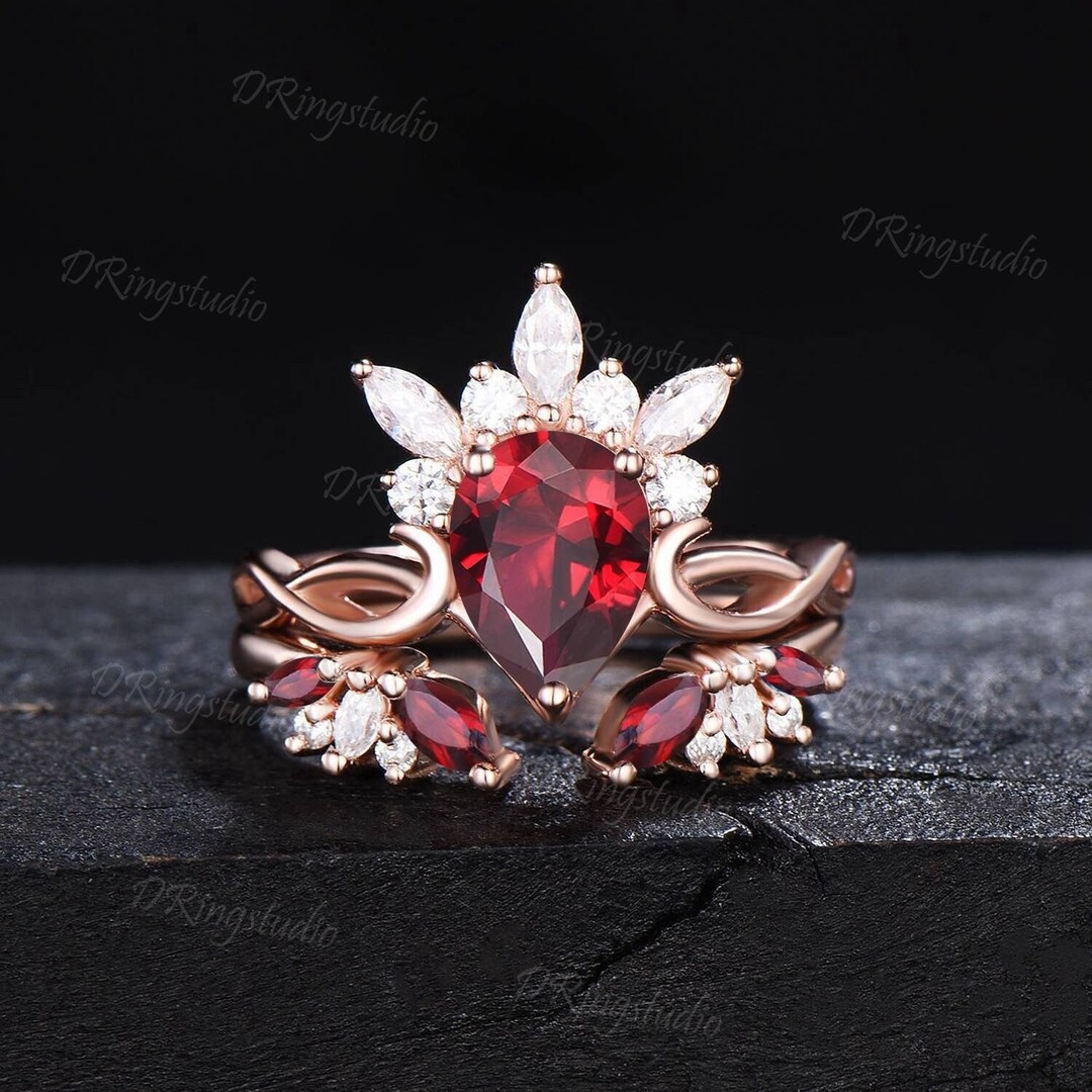 Teardrop Ruby Engagement Ring Set Vintage Crown Marquise Moissanite ...