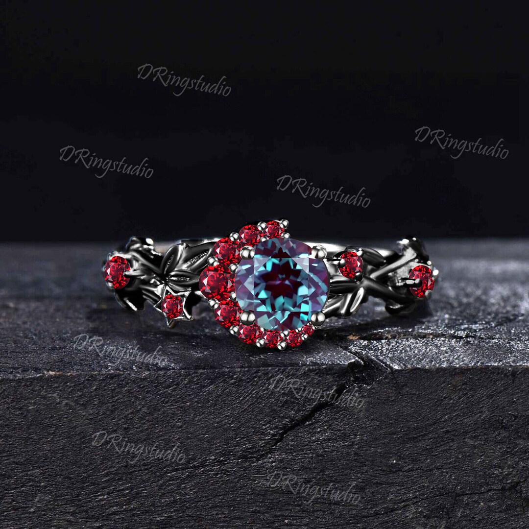 Nature Inspired Alexandrite Ring Black Gold Ruby Cluster Engagement ...