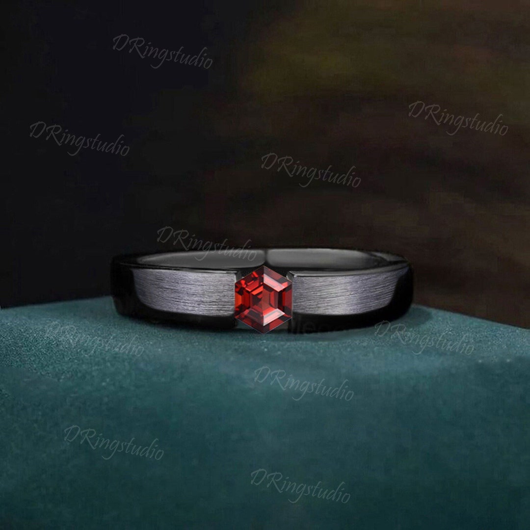 Black Gold Matte Wedding Band 4mm Hexagon Cut Ruby Mens Engagement Band ...