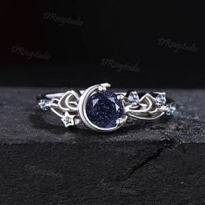 Celestial Galaxy Blue Sandstone Engagement Ring Moon Star Round Blue ...