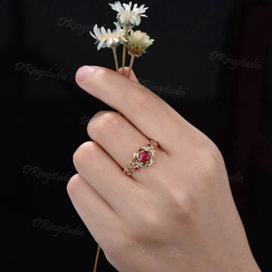 5mm Round Ruby Engagement Ring 14K Yellow Gold Twig Leaf Rose Flower Red Ruby Engagement Rings ...