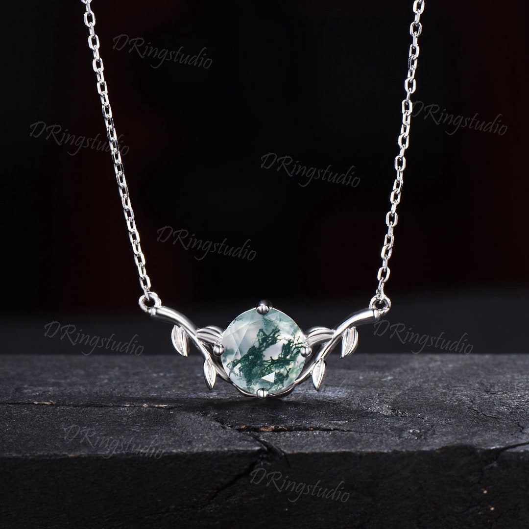 8mm Round Moss Agate Necklace Nature Inspired Branch Leaf Green Moss ...