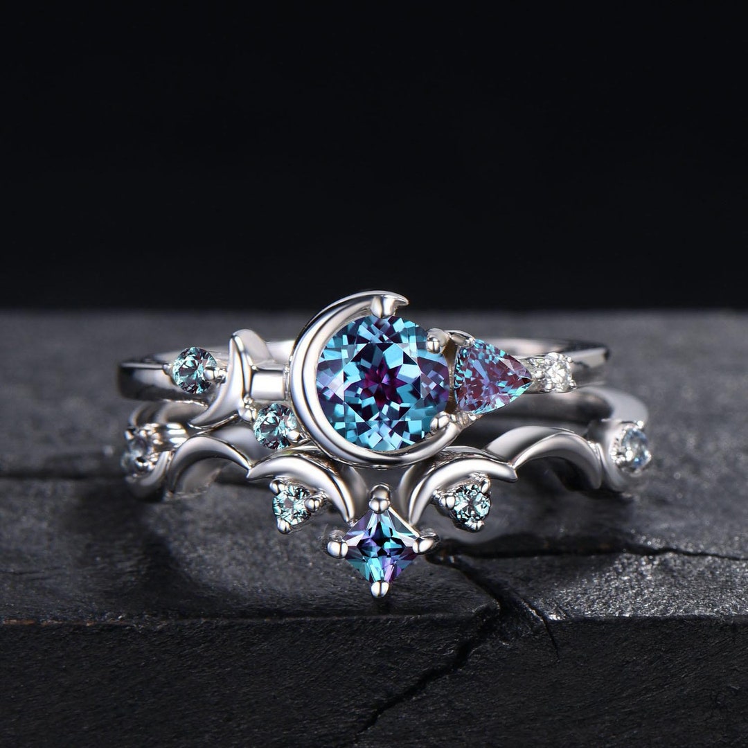 Unique Moon Engagement Ring Sterling Silver Round Alexandrite Amethyst ...