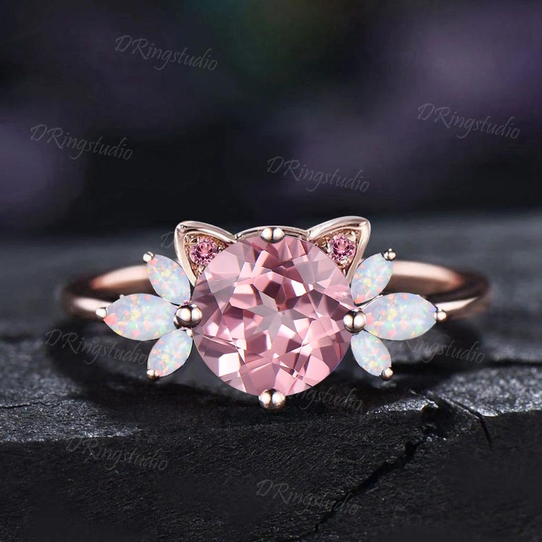 Cat Engagement Ring Kitten Ring Padparadscha Pink Sapphire Wedding Ring 14k Rose Gold Cluster ...