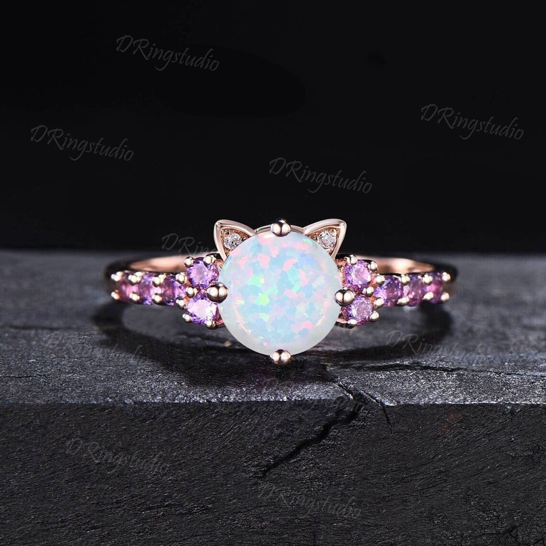 Cat Engagement Ring 7mm Round White Opal Wedding Ring Rose Gold Half ...