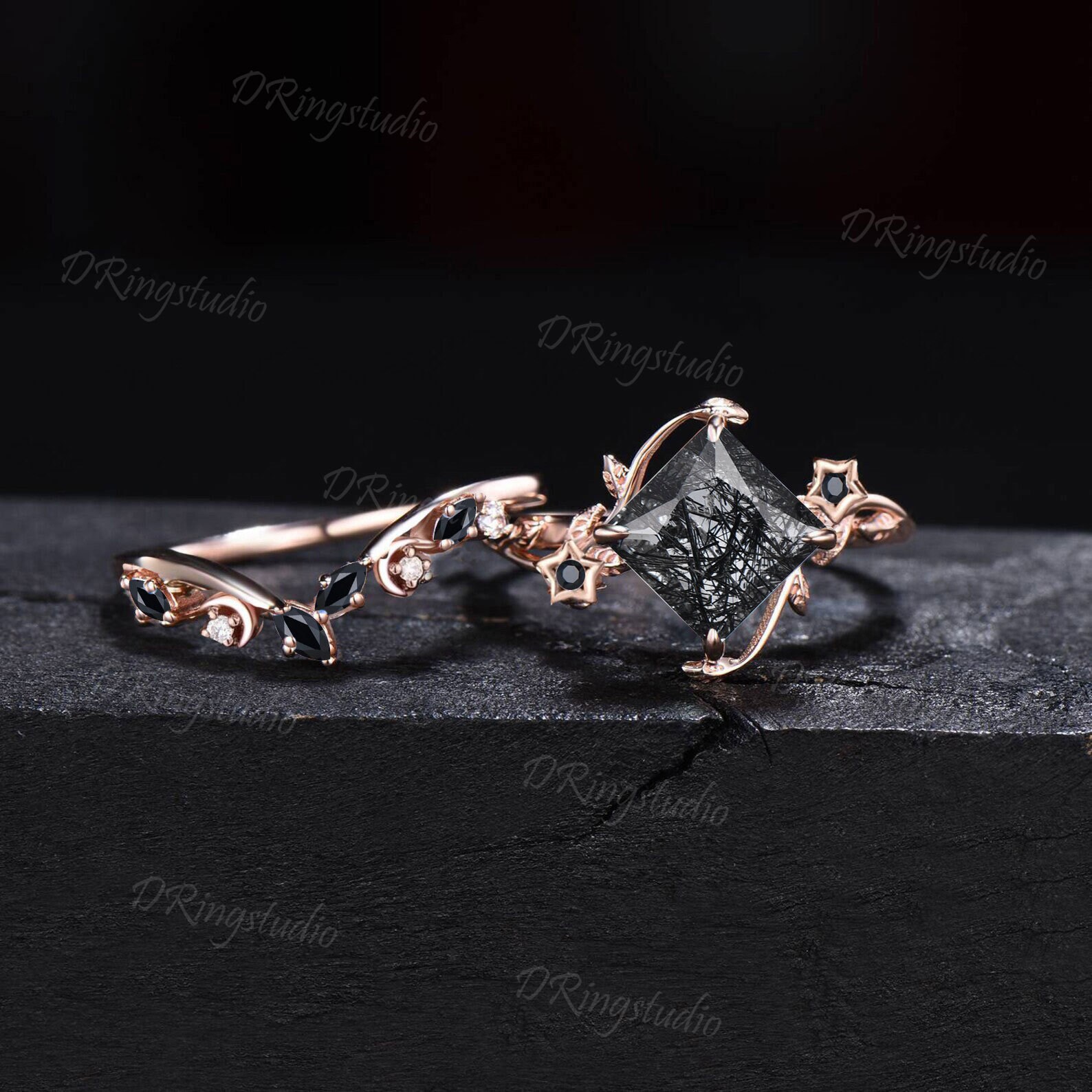 Hexagon Cut Natural Black Rutilated Quartz Engagement Ring Set Moon ...