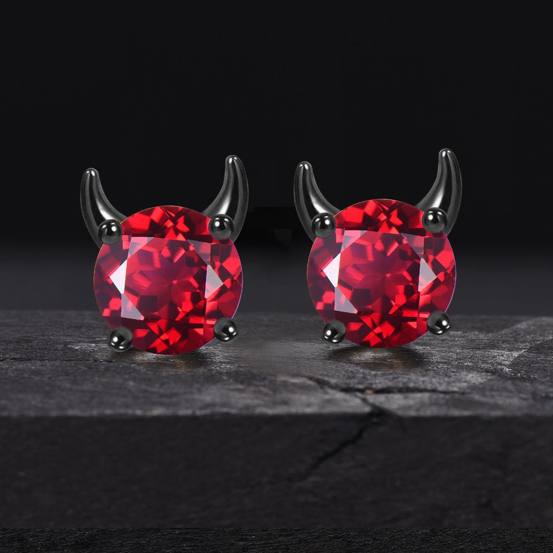 Devil Stud Earrings 7mm Round Ruby Earrings Black Gold Little Devil Red ...