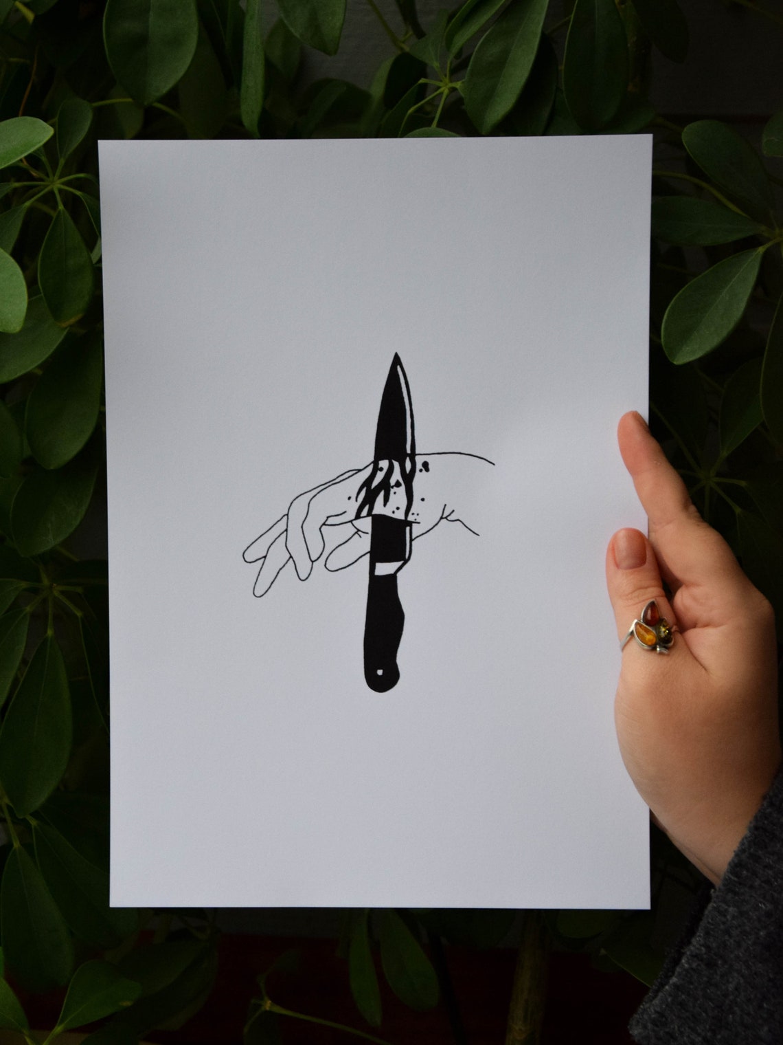 Stabbed Hand Knife Design A4 Art Print Black and White | Etsy