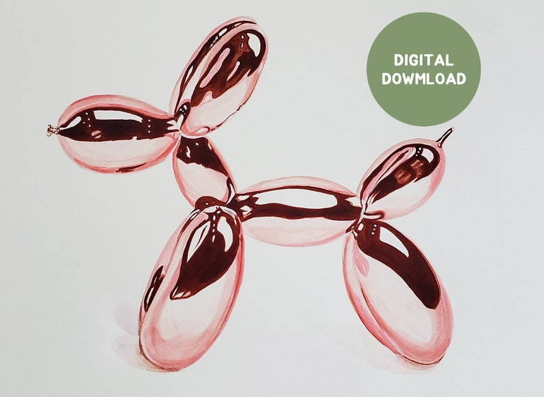Pink Balloon Dog Drawing| Printable Drawing Wall Art| Home Decor Wall ...