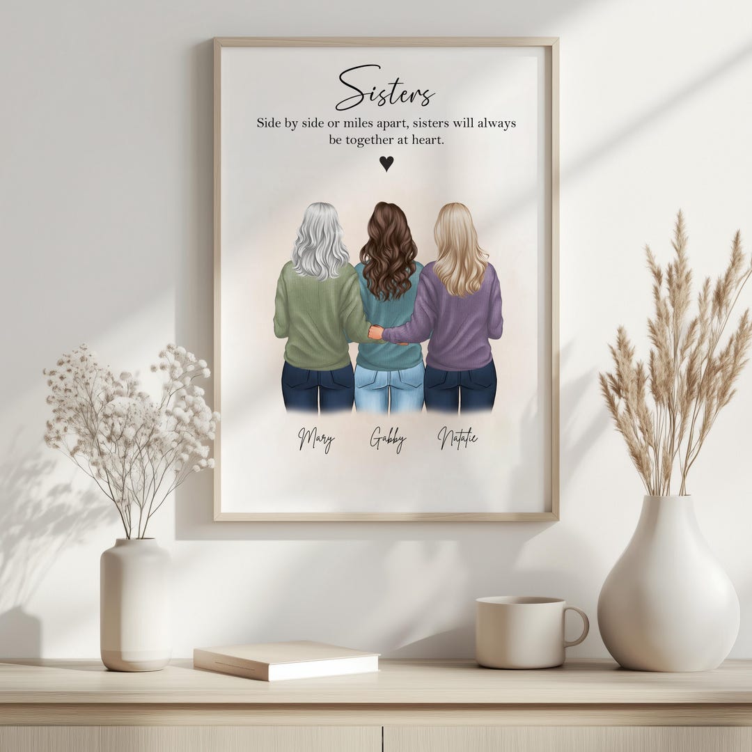 Personalised Sisters Print – Custom 2–3 Sisters Portrait Gift for Any ...