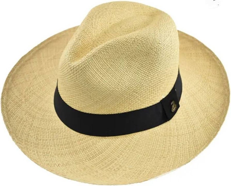 Original Panama Hat Classic Wide Brim Fedora Natural Toquilla Straw Black Band Handmade in ...