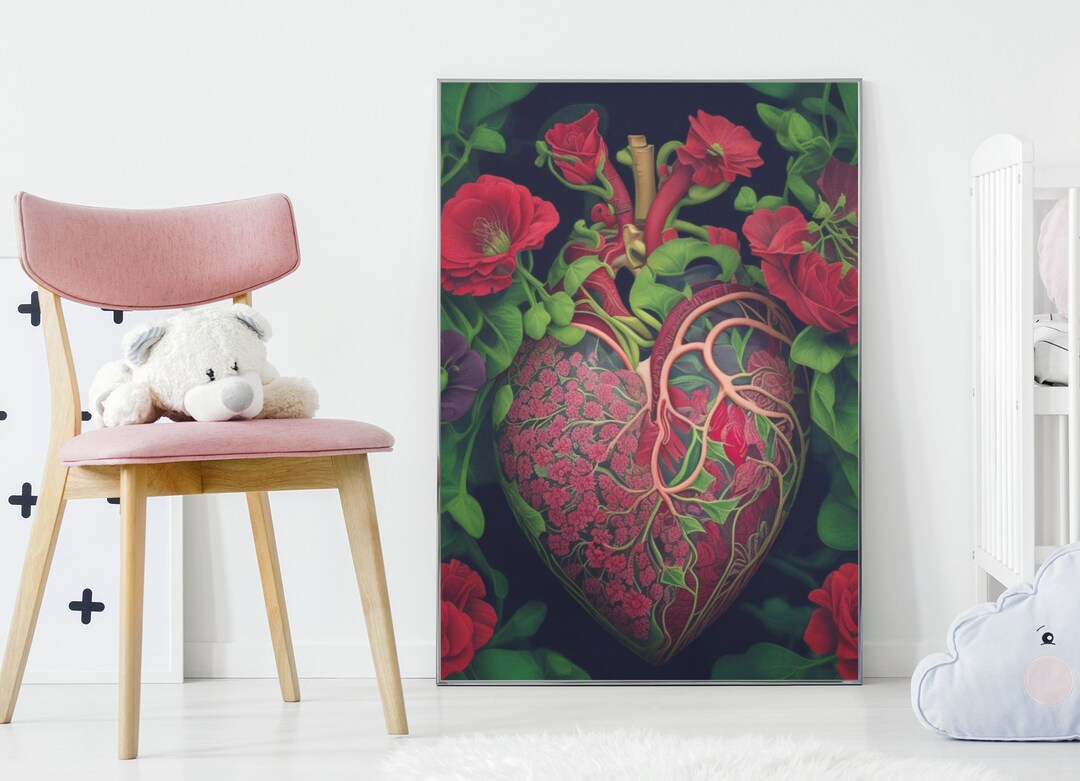 Anatomical Heart Tattoo-style Art - Deep Red Heart With Lush Florals ...