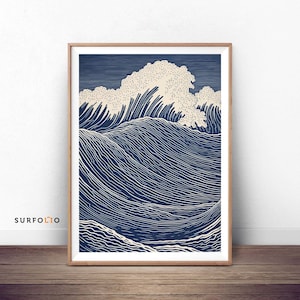 Linocut Sea Ocean Japan Retro Wave Waves Line Print Linocut Waves ...