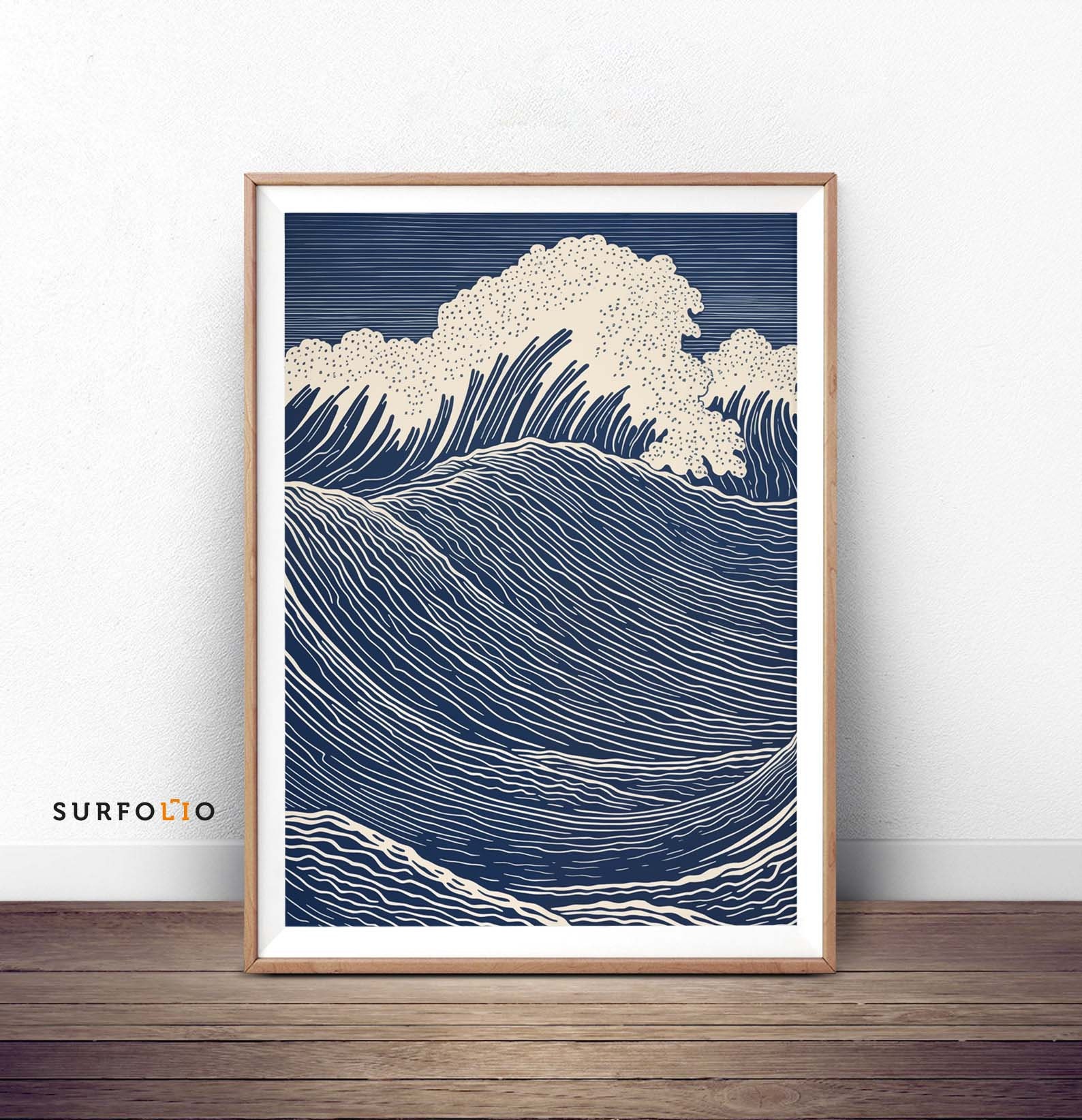 Linocut Sea Ocean Japan Retro Wave Waves Line Print Linocut Waves ...