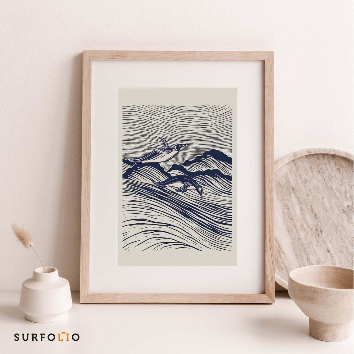 Linocut Penguin Sea Penguin Retro Wave Line Print Linocut Waves Poster ...
